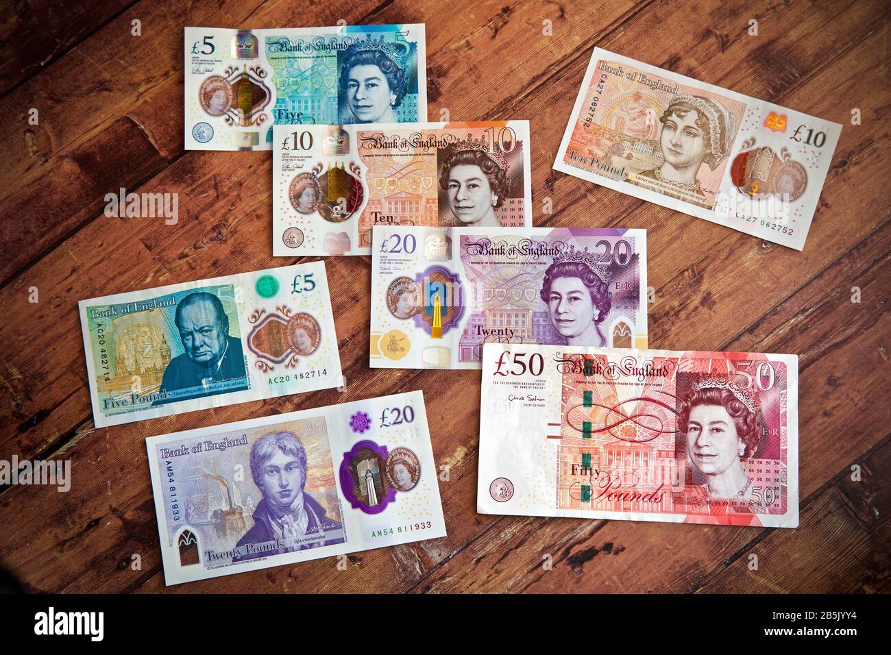 Bank of England £5, £10, £20 and £50 banknotes Stock Photo - Alamy