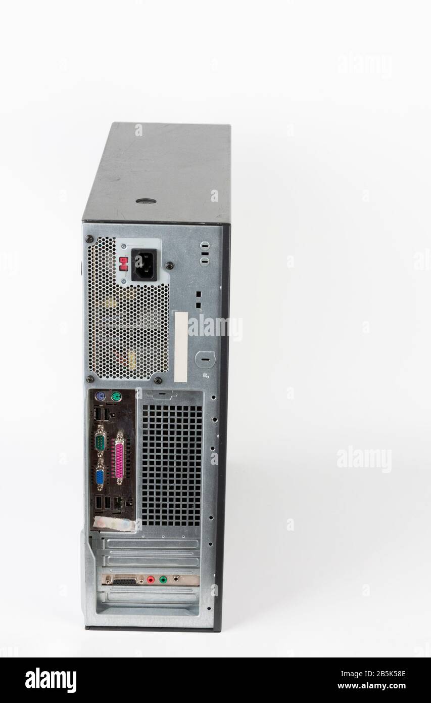 Back side of desktop PC, tower computer case on white background Stock ...