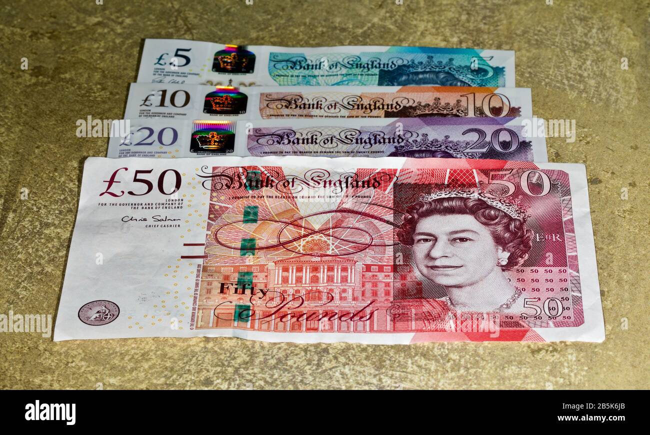 Bank of England £5, £10, £20 and £50 banknotes Stock Photo - Alamy