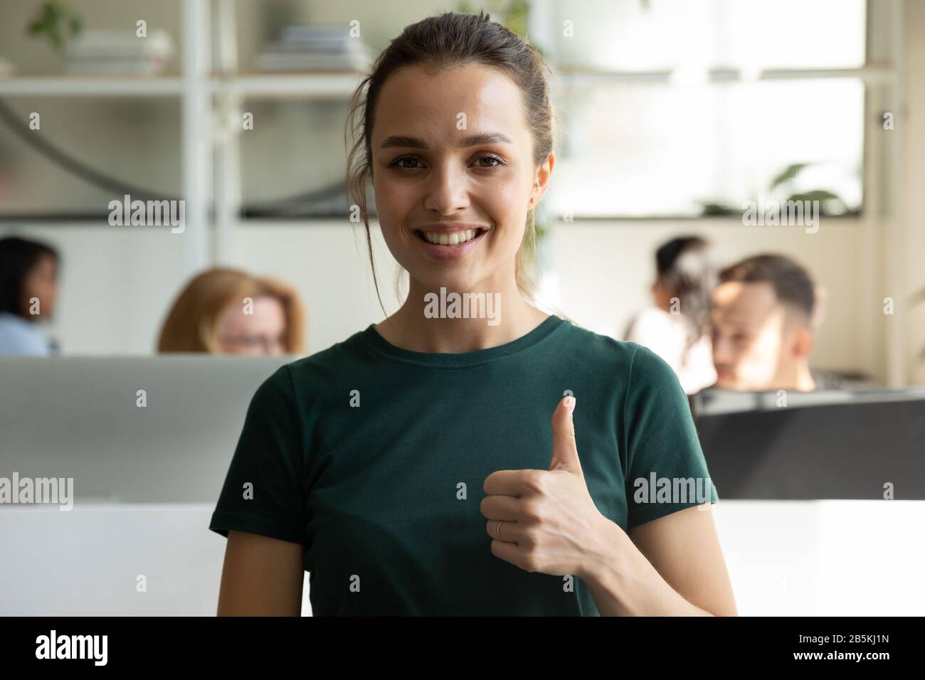 Happy satisfied client show thumb up recommending service Stock Photo ...