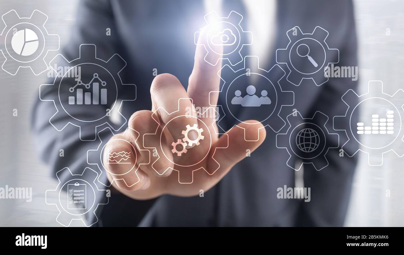 Business process abstract diagram with gears and icons. Workflow and ...