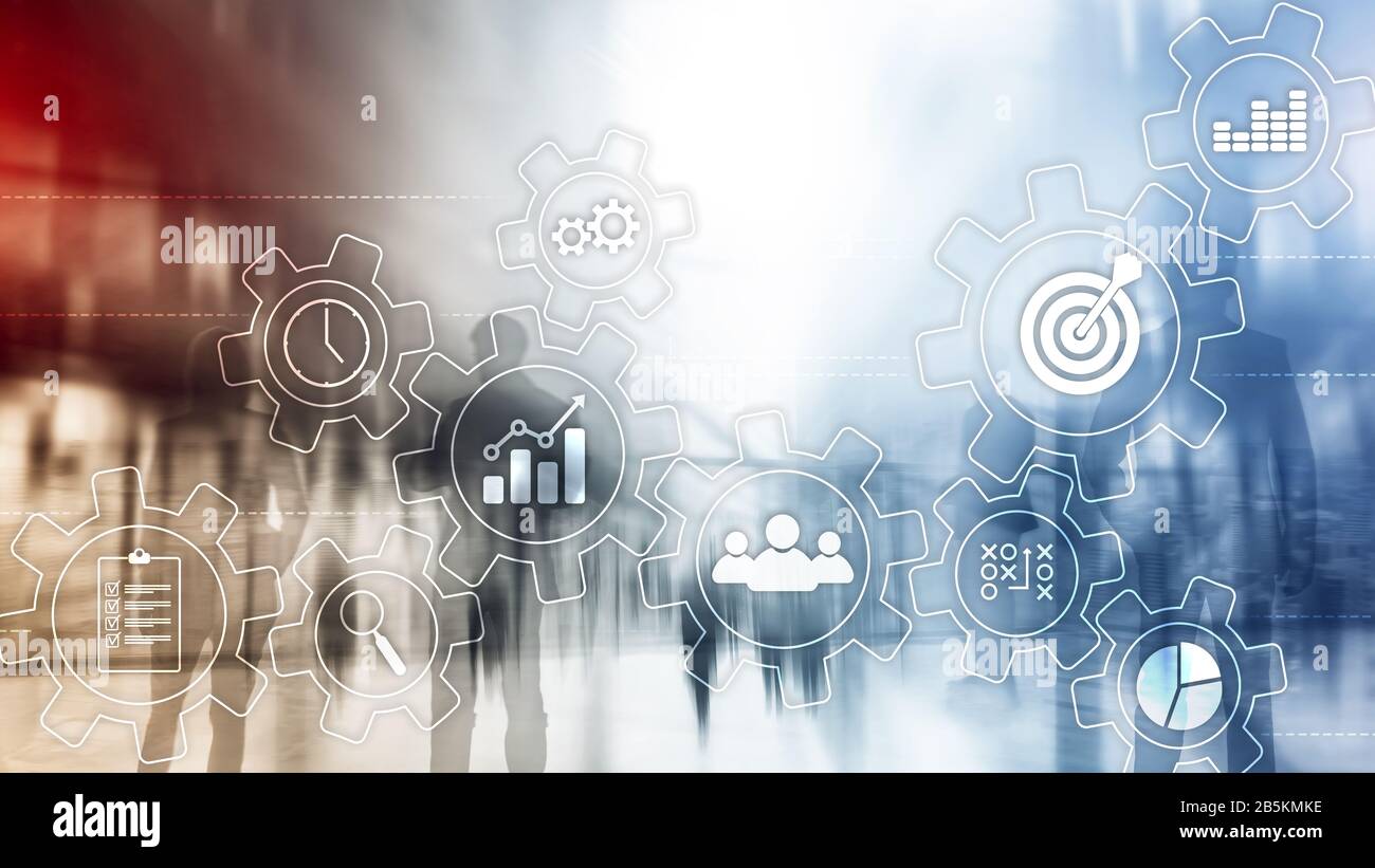 Business process automation concept. Gears and icons on abstract ...