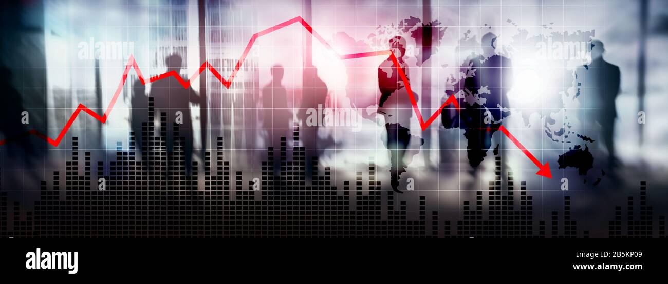 Chart with red down arrow on abstract background. Falling growth in ...