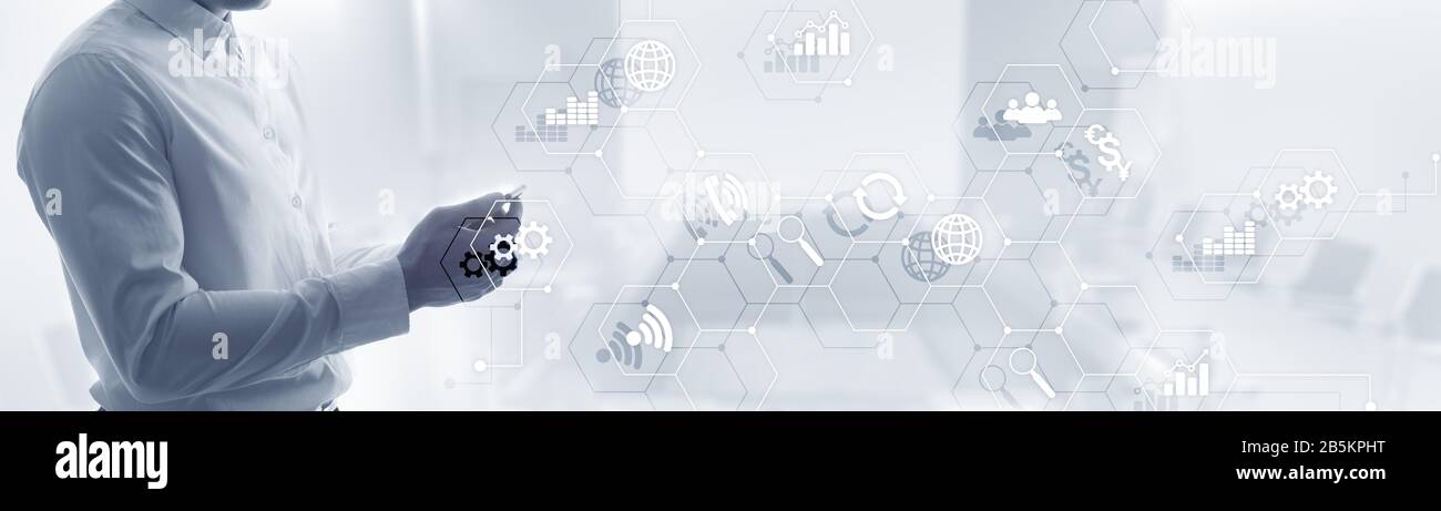 Diagrams and icons on hologram screen. Mixed Media Website Business ...