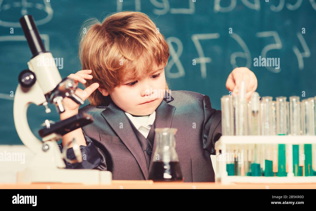 Chemical analysis. Toddler genius baby. Science concept. Gifted child ...