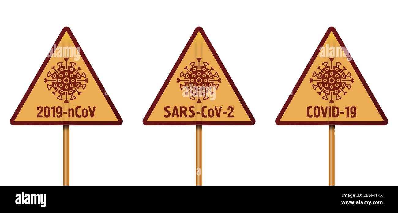 SARS-CoV-2 virus. Set of triangular warning signs Stock Vector Image ...