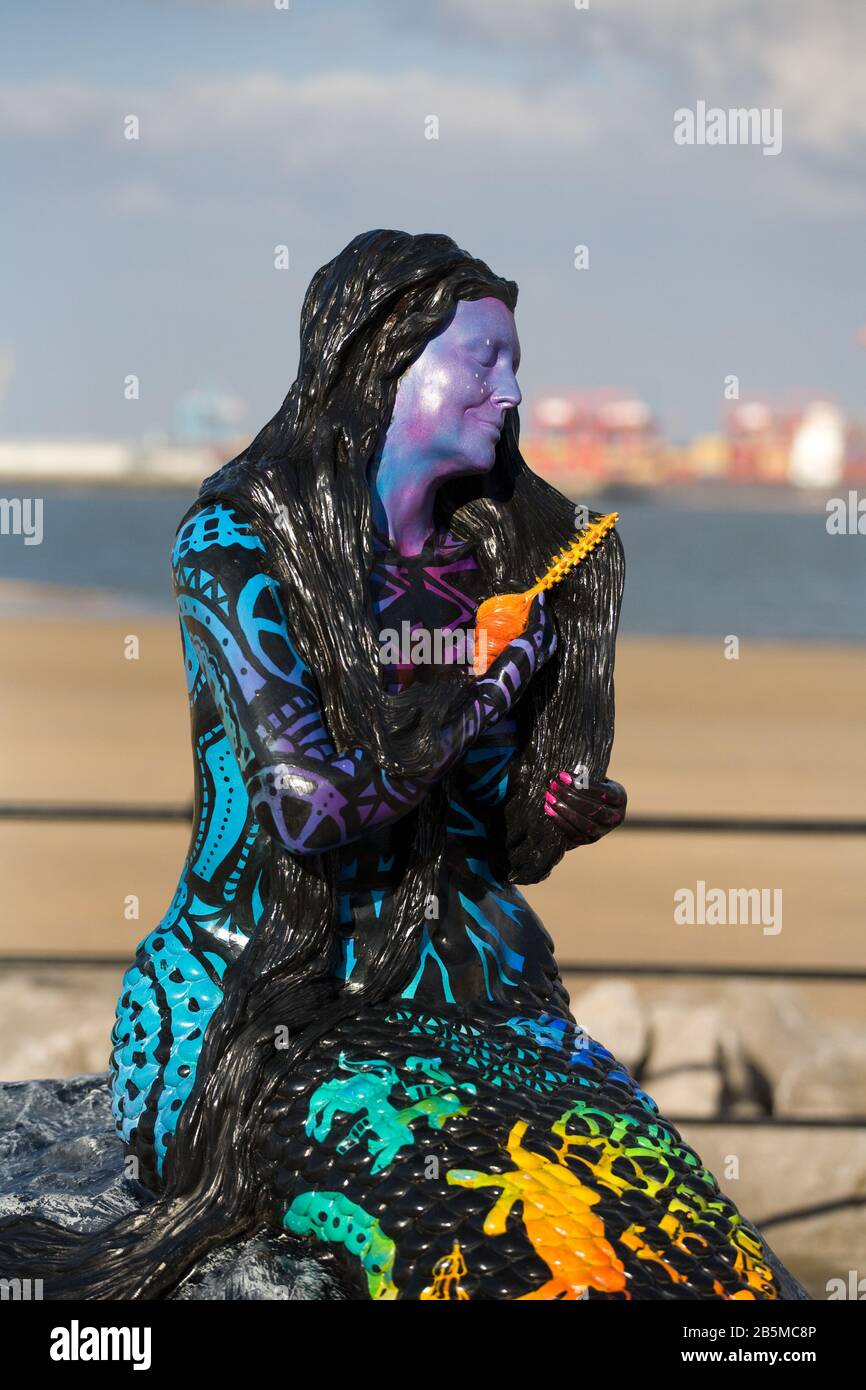 Mermaid sculpture in the British seaside town of New Brighton on the ...