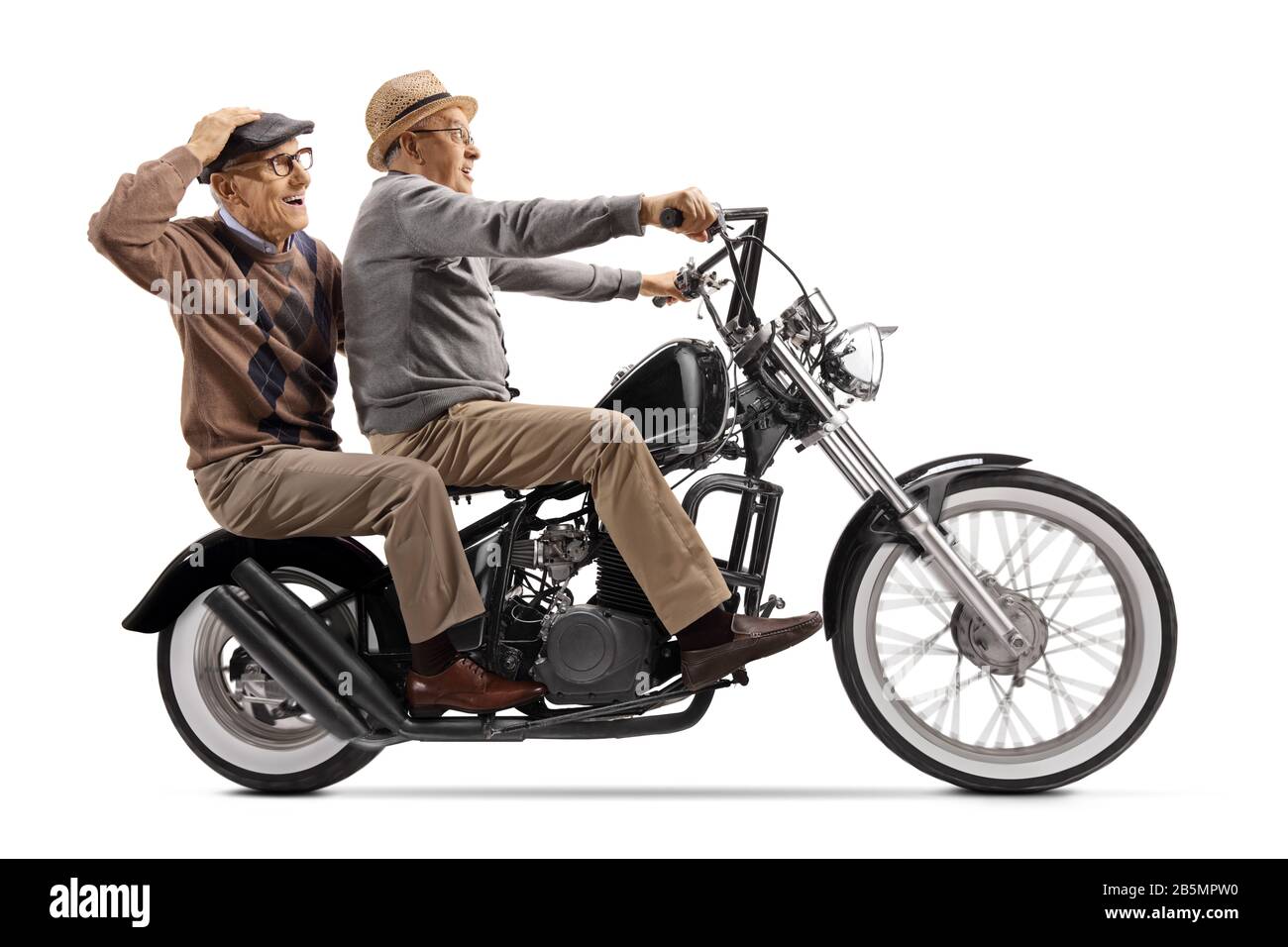 Senior men on a custom chopper motorcycle isolated on white background ...