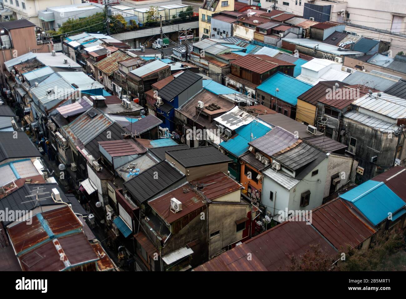 Aerial day view of the small bars in the alleys of Golden-Gai, Shinjuku ...