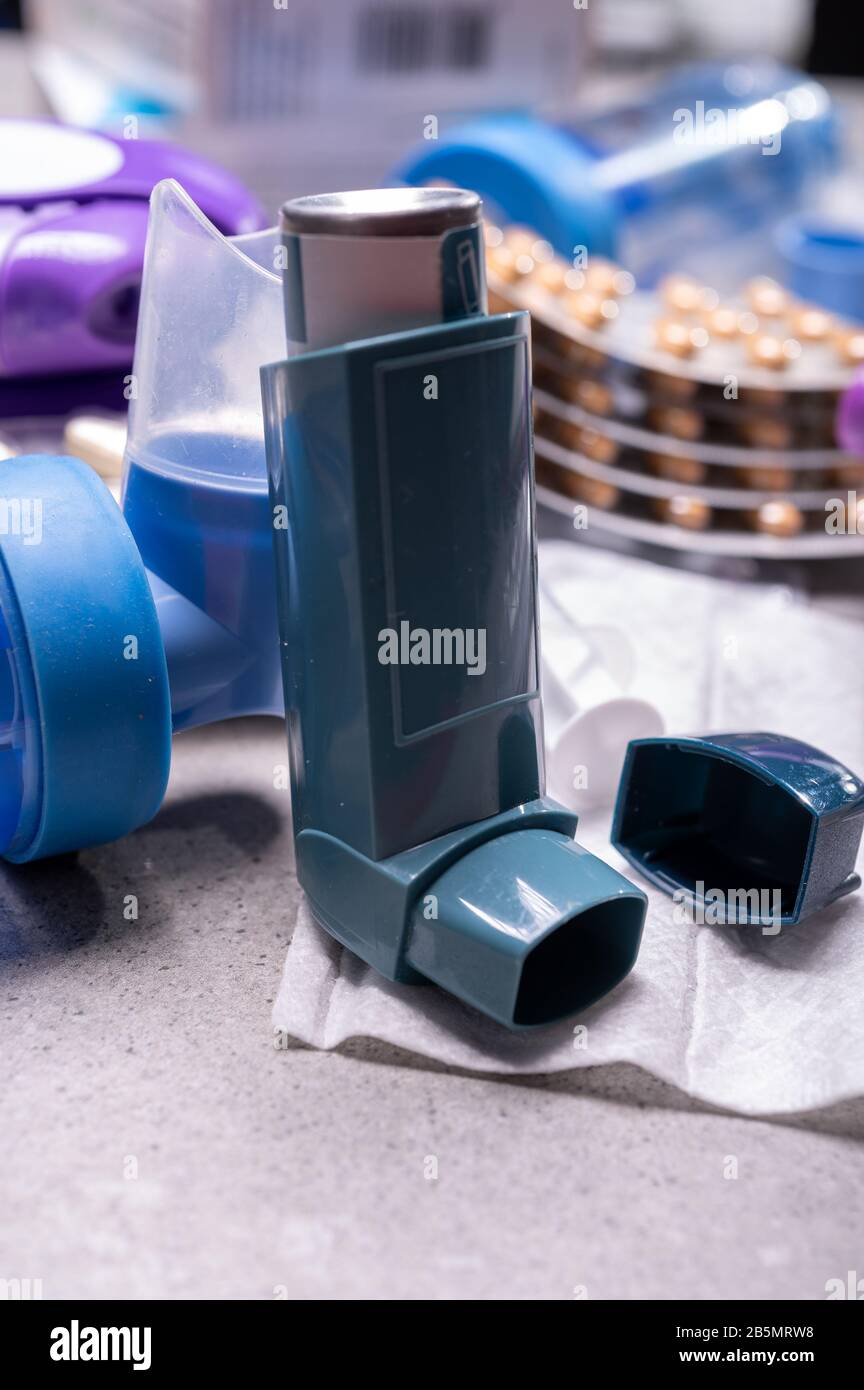 Different medicaments for asthma threatment, pills, inhalers, blood ...