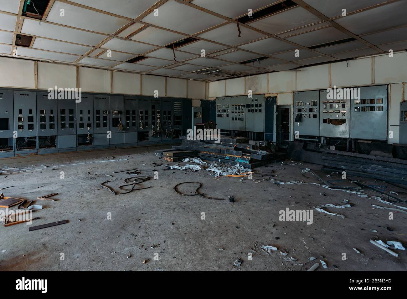 Broken electrical switchgear cabinets with control panels in abandoned ...