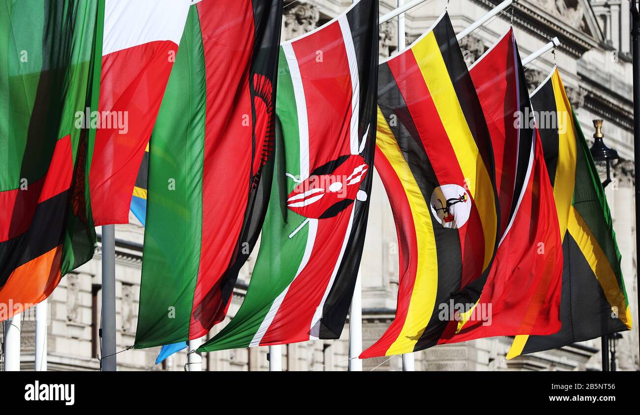 General view of flags of various Commonwealth nations fly around the ...