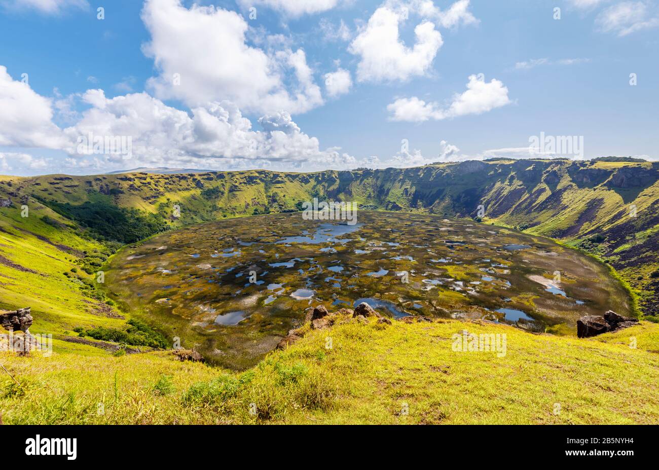 View from Orongo of the large crater (caldera) lake of the extinct Rano ...