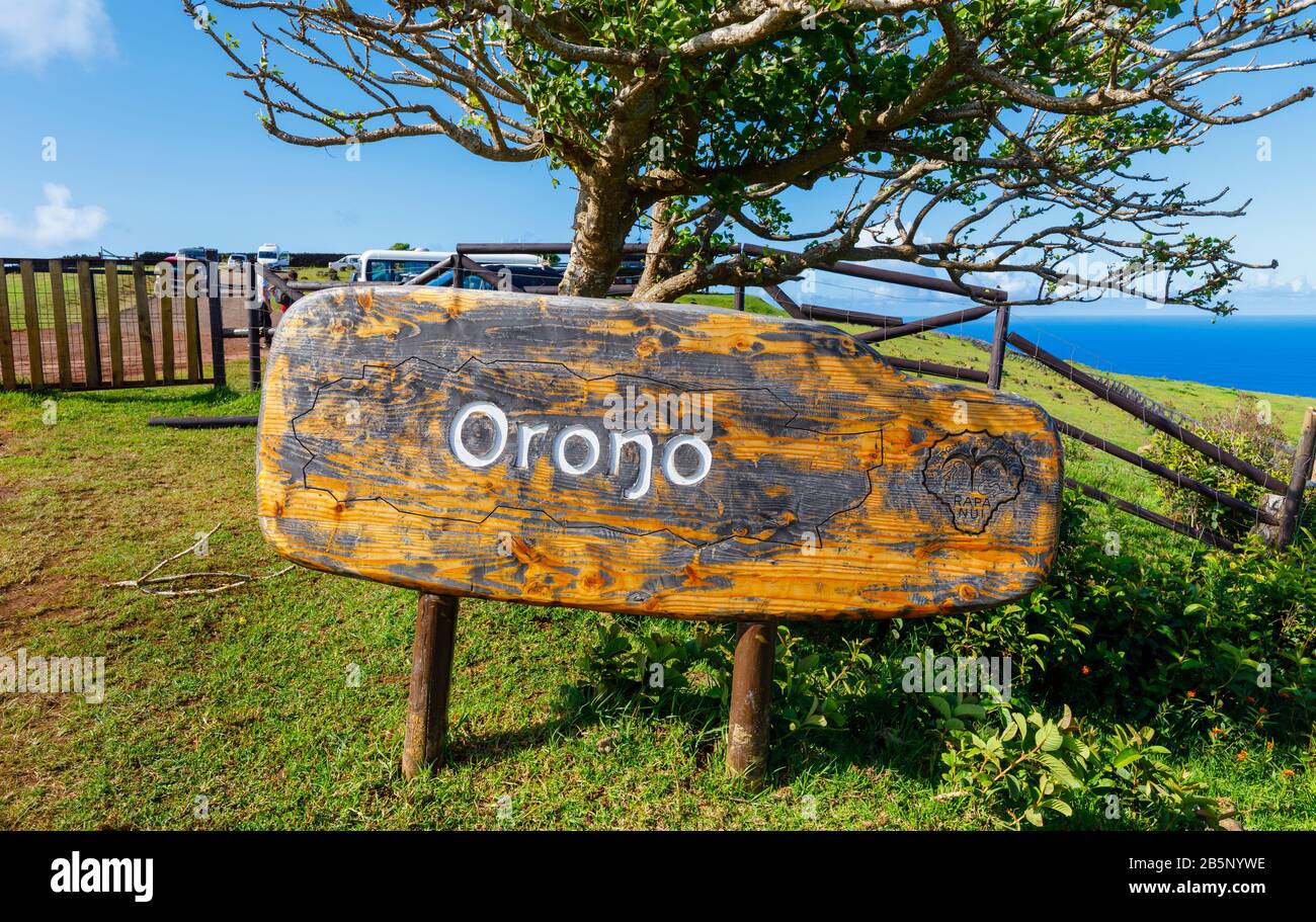 Wooden name board at the ceremonial birdman cult clifftop village of ...