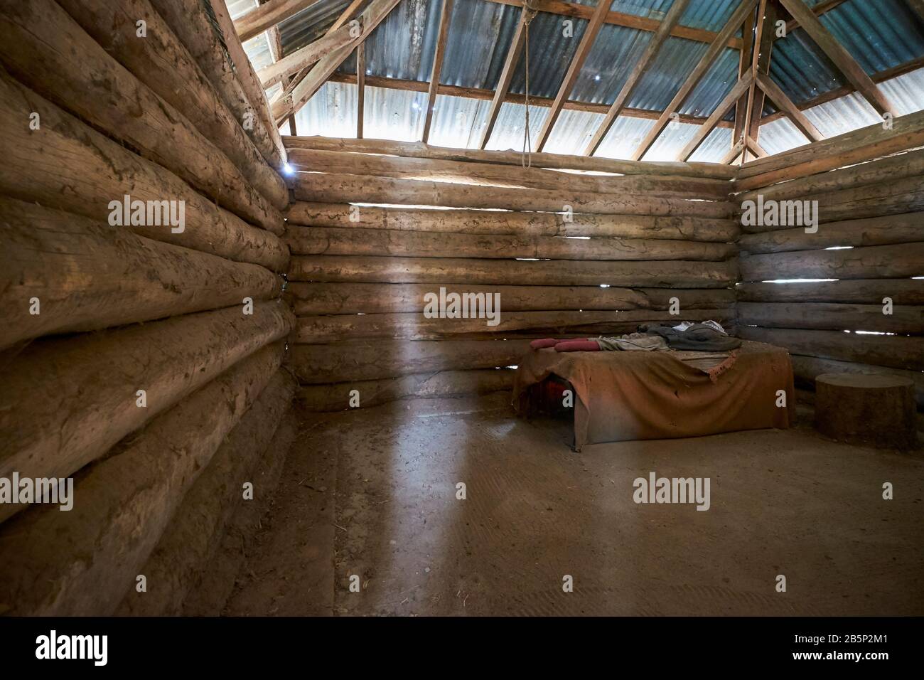 A look inside the old, log cabin looking gaol (jail) in Carisbrook ...