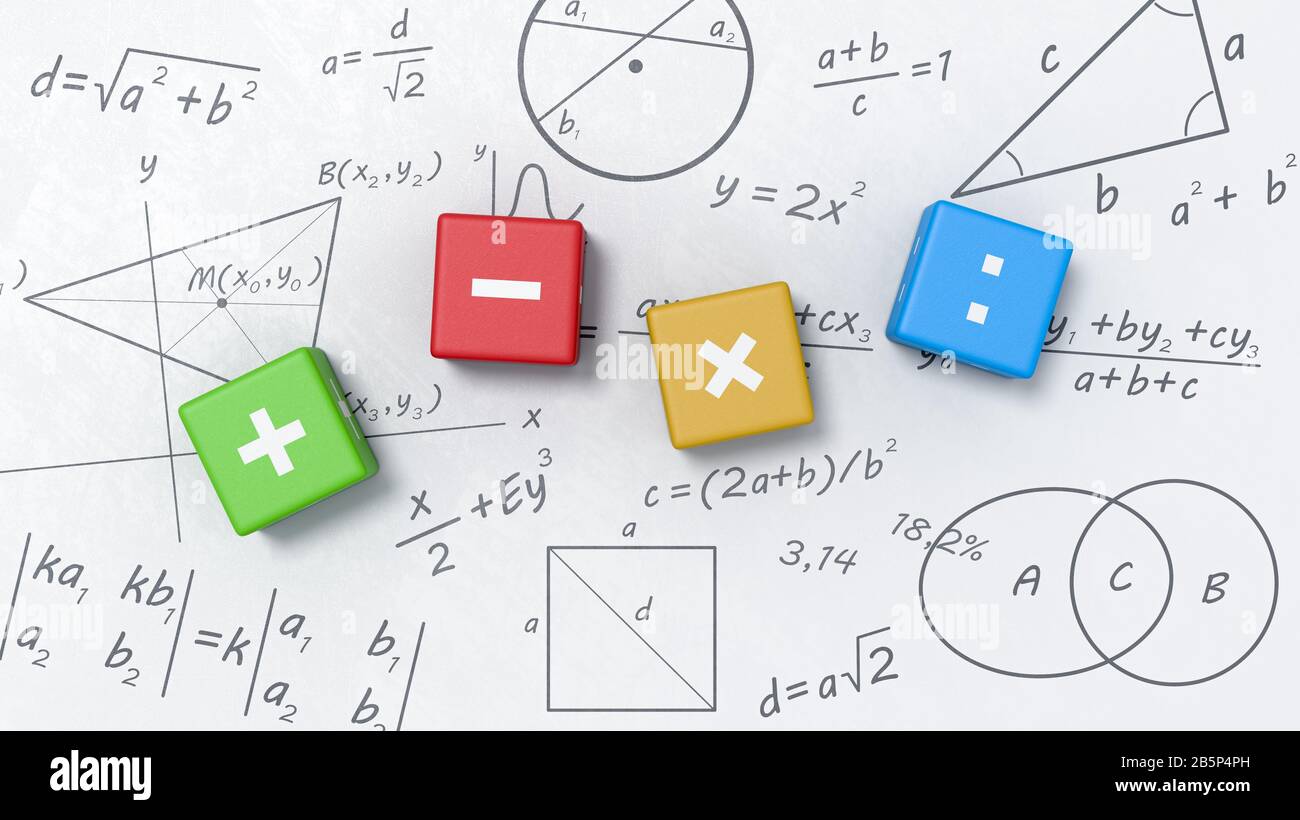 Math Operators Cubes on Whiteboard with Formulas, Graphs and Symbols ...