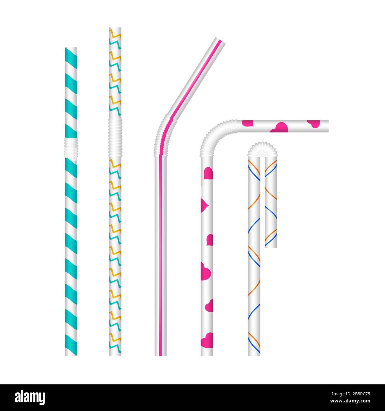 White drinking straws with different patterns. realistic set. Various ...