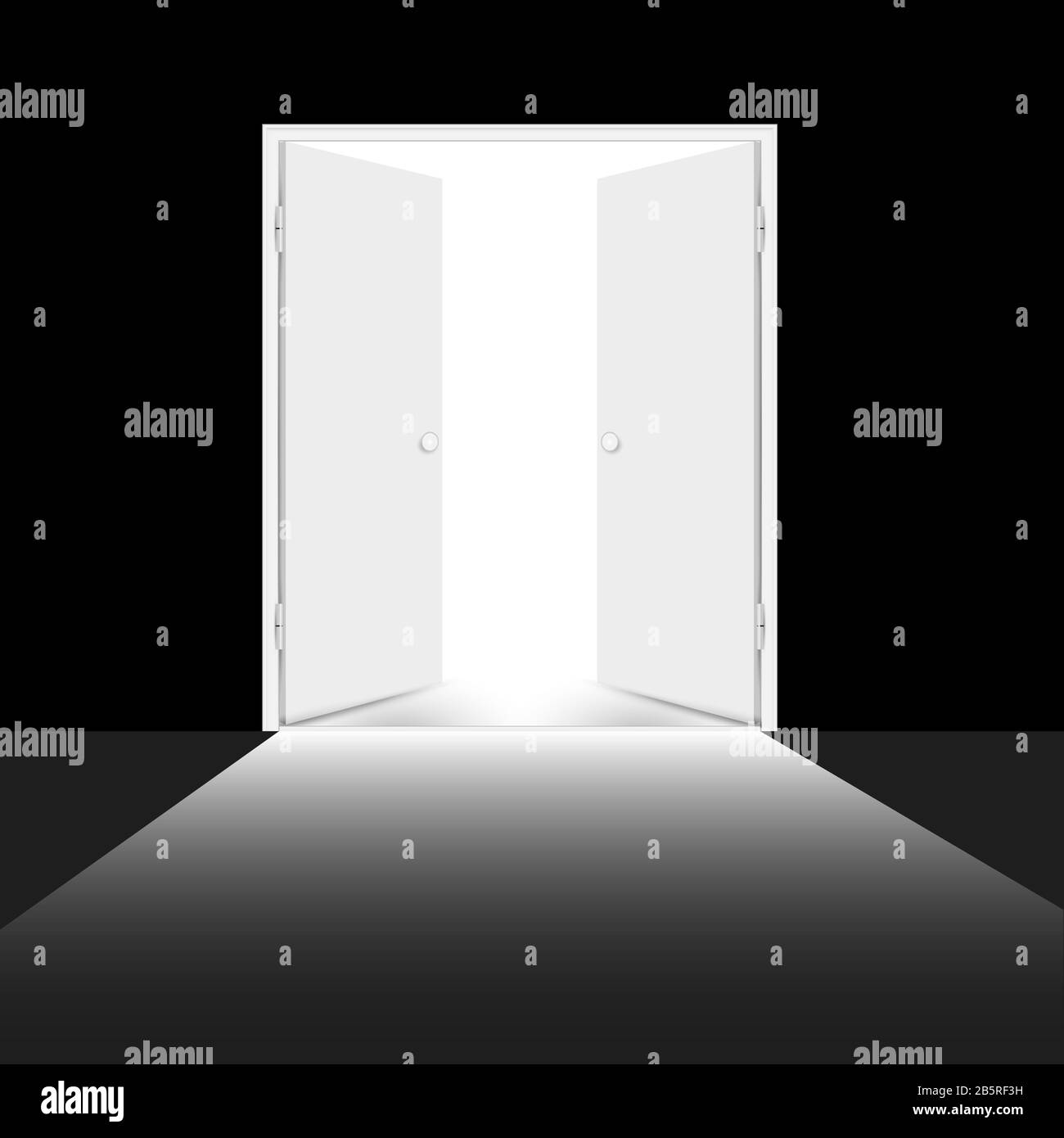 Open double door with light. White doors leading from darkness to light ...