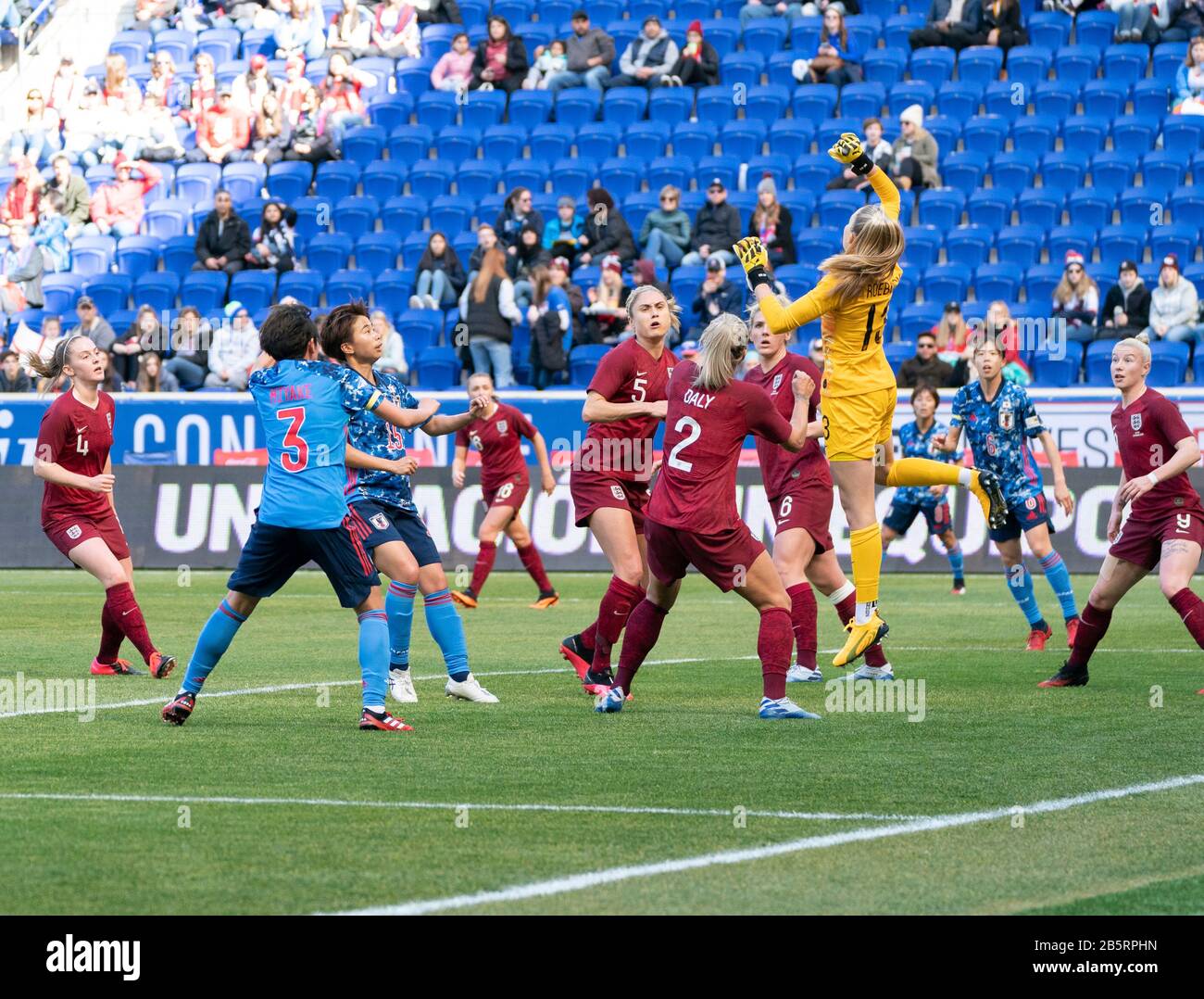 Harrison, NJ - March 8, 2020: Goalkeeper Ellie Roebuck of England saves ...
