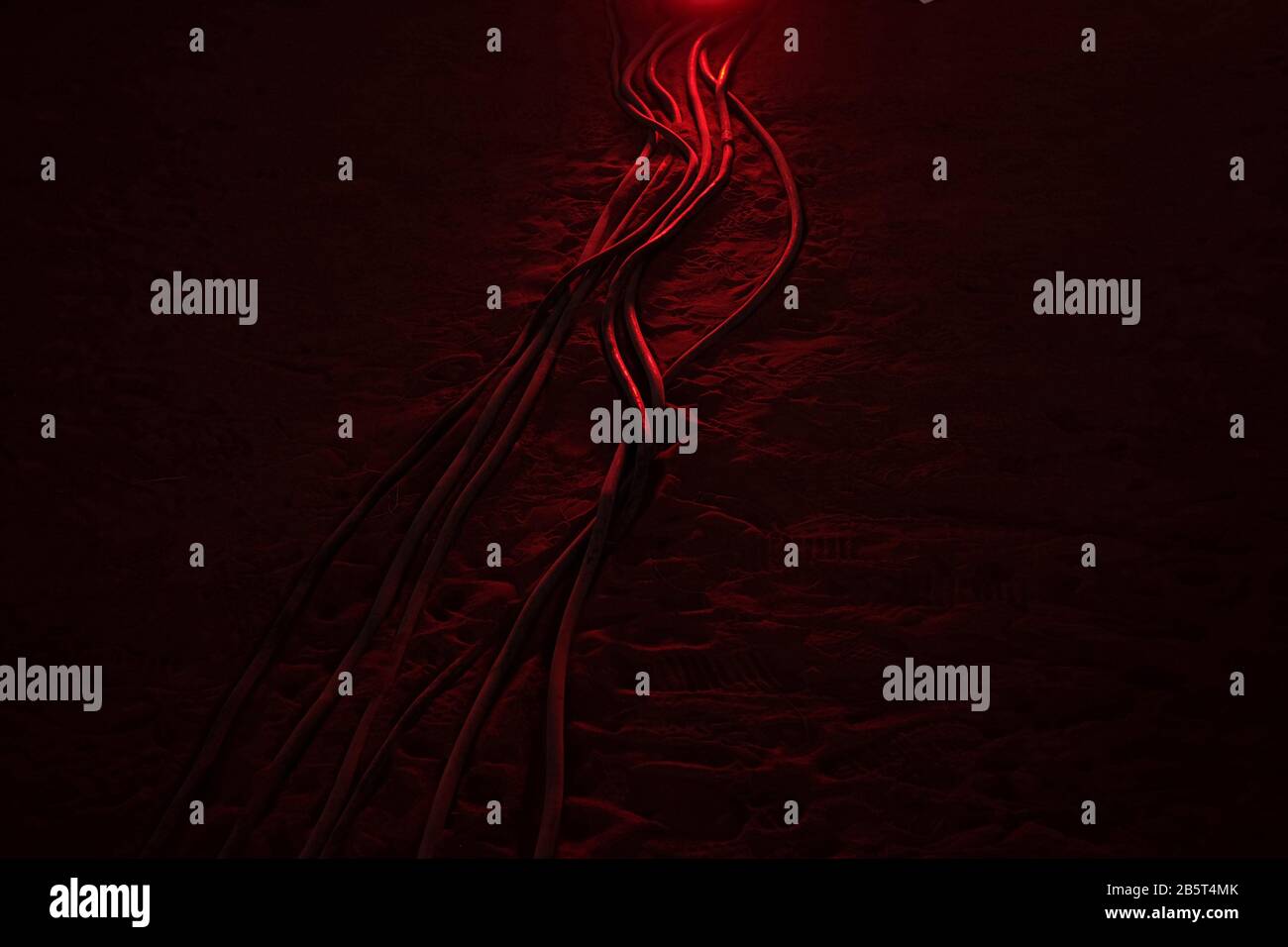 Sinuous power cables in red light snake over red sand, Opera in the ...