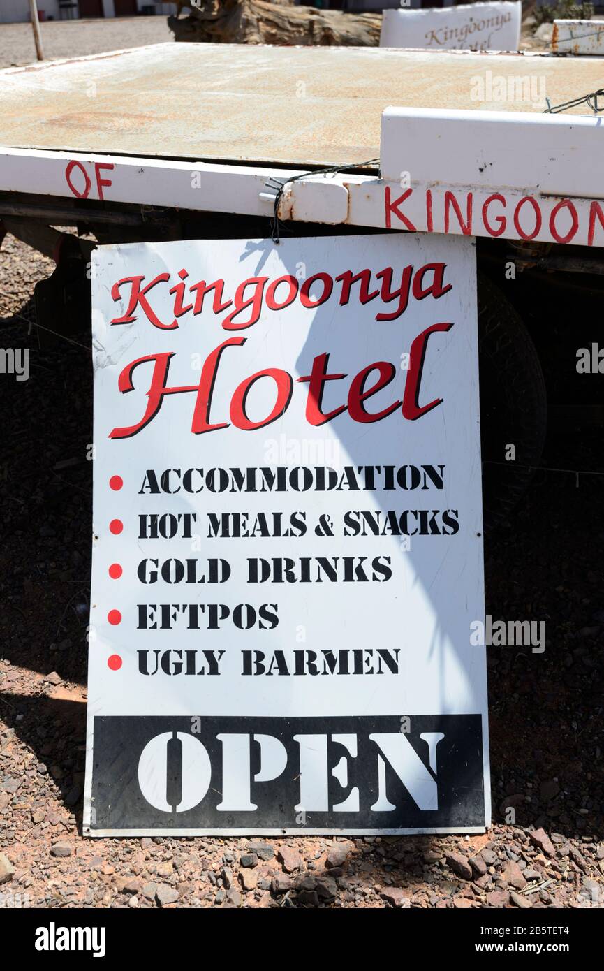 Humorous sign advertising for the remote Outback pub Kingoonya Hotel ...