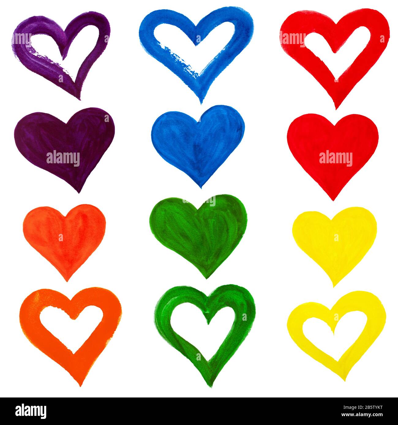 Rainbow color hand drawn hearts doodle set white background isolated ...