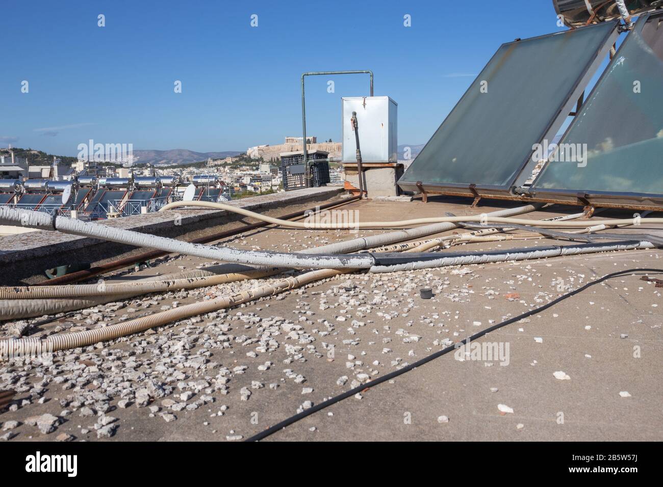 Broken solar panel with pipes and hoses Stock Photo - Alamy