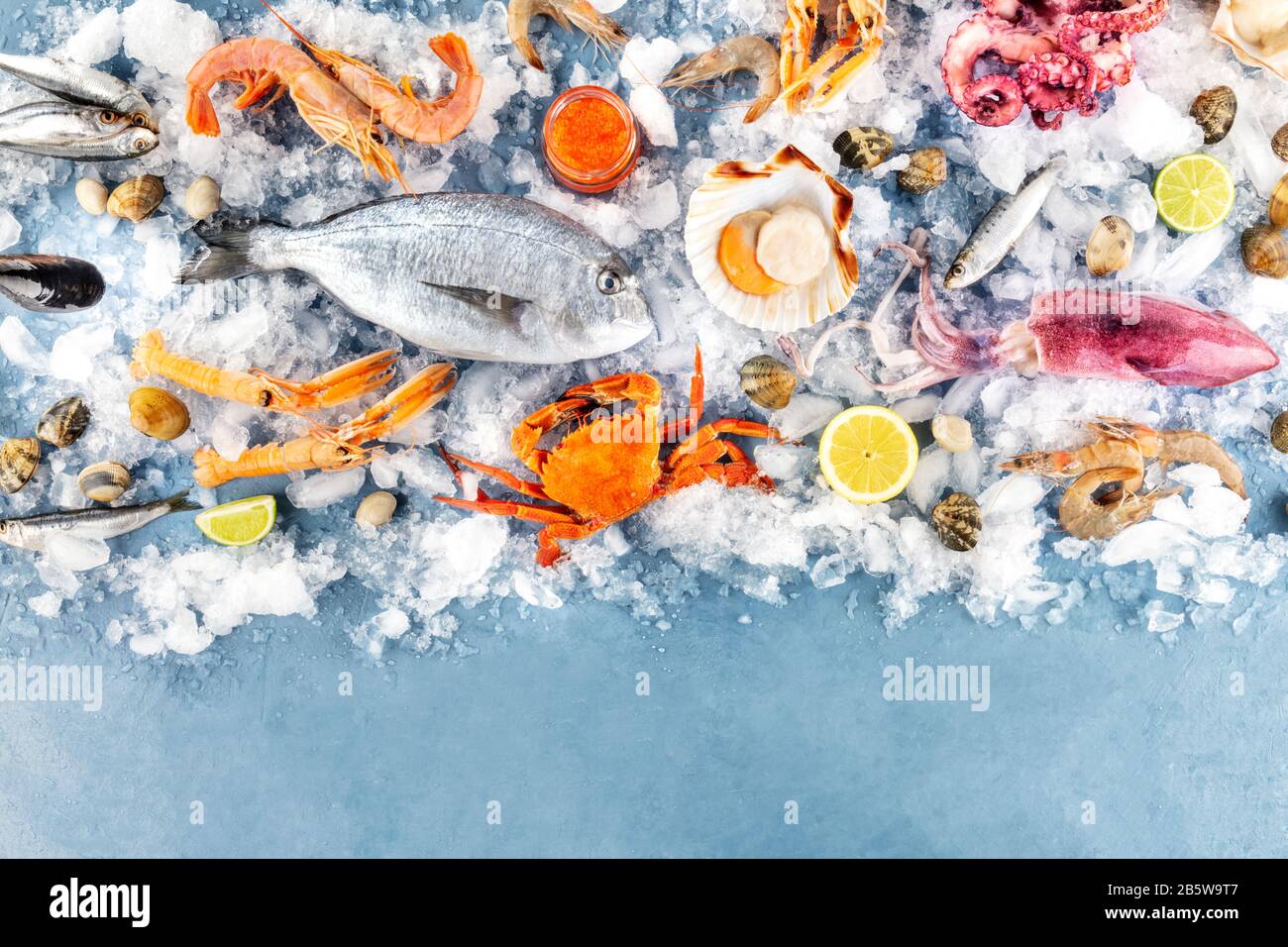 Fish and seafood background with a place for text. Sea bream, scallop ...