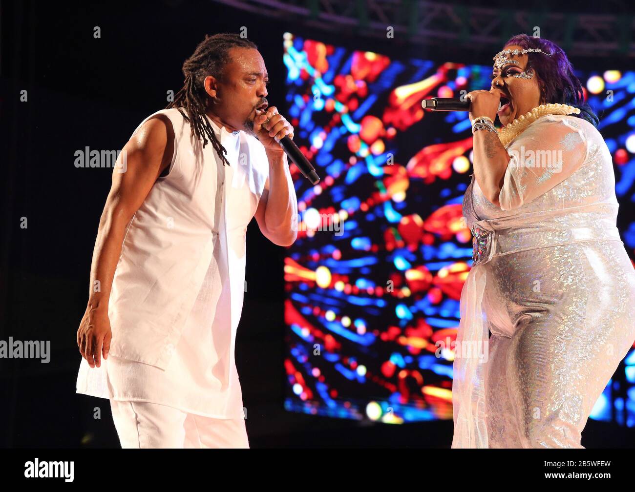 PORT OF SPAIN, TRINIDAD - FEB 17: Machel Montano (L) performs with a ...
