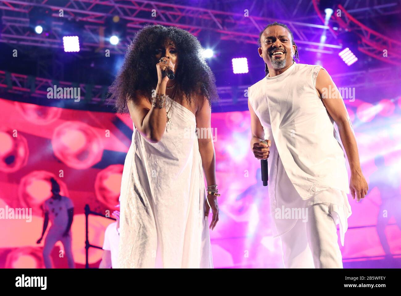 PORT OF SPAIN, TRINIDAD - FEB 17: Machel Montano and Angela Hunte ...