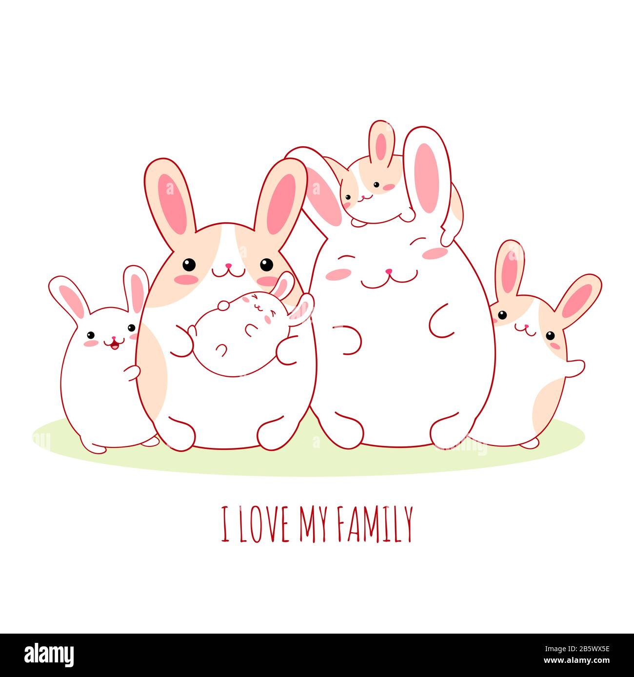 Card with cute family of bunnies - dad, mom and their babies. Isolated ...