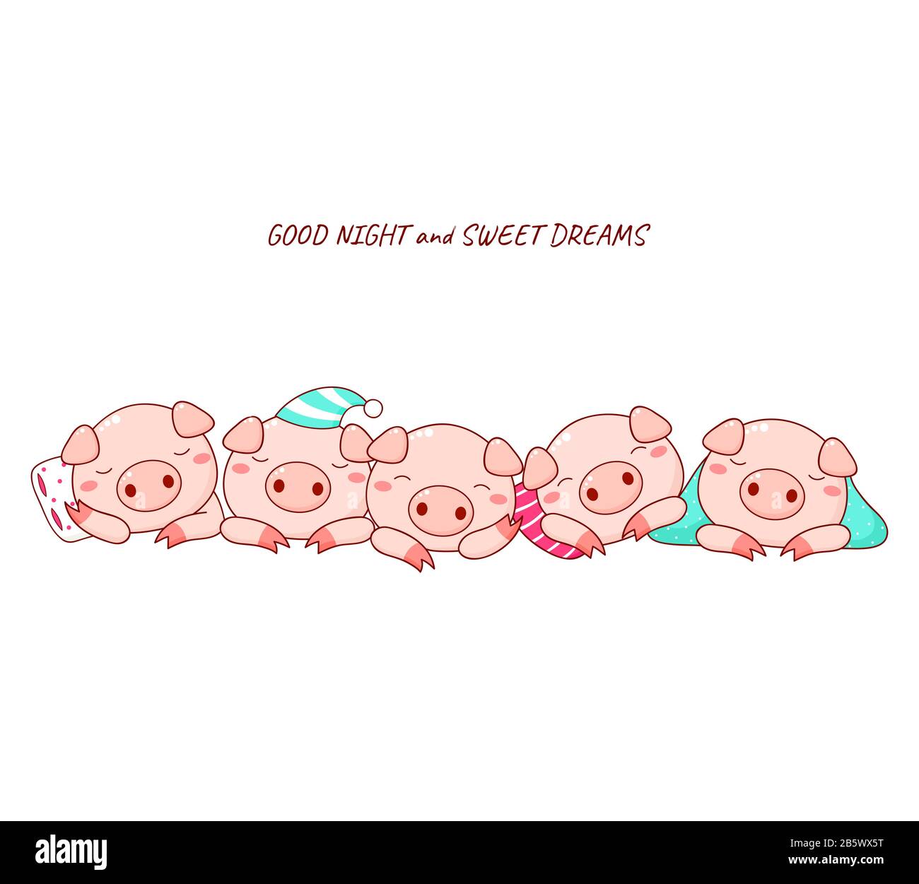 Good night and sweet dreams. Five cute sleeping pigs in kawaii style ...