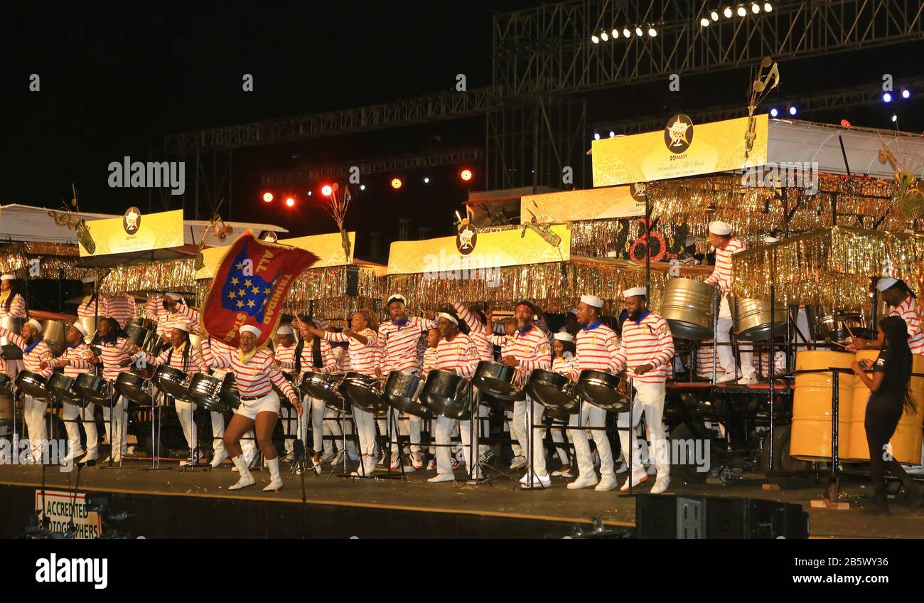 PORT OF SPAIN, TRINIDAD - FEB 22: Trinidad All Stars Steel Orchestra ...