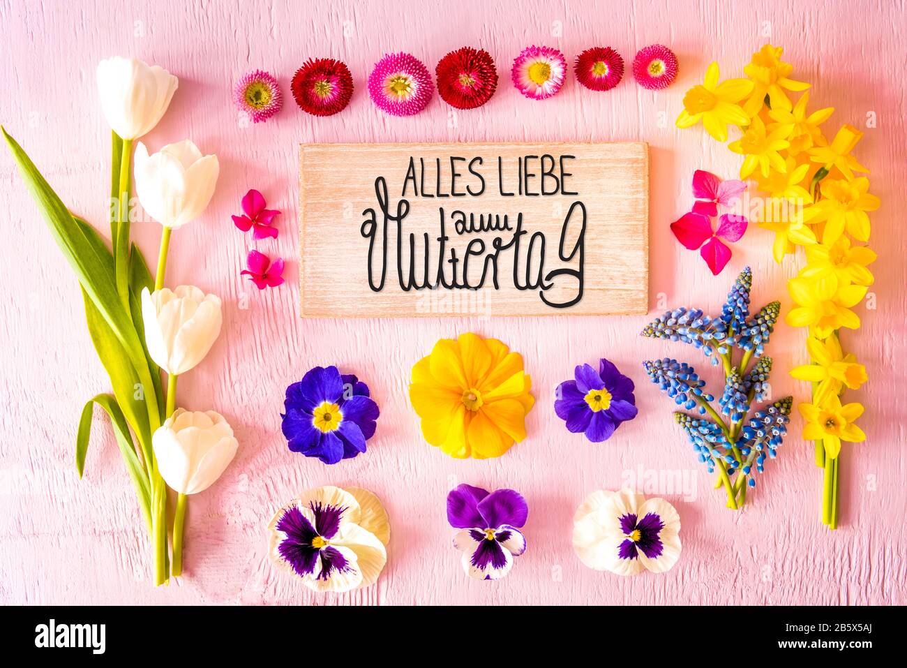 Spring Flat Lay, Flowers, Sign, Calligraphy Muttertag Means Happy ...