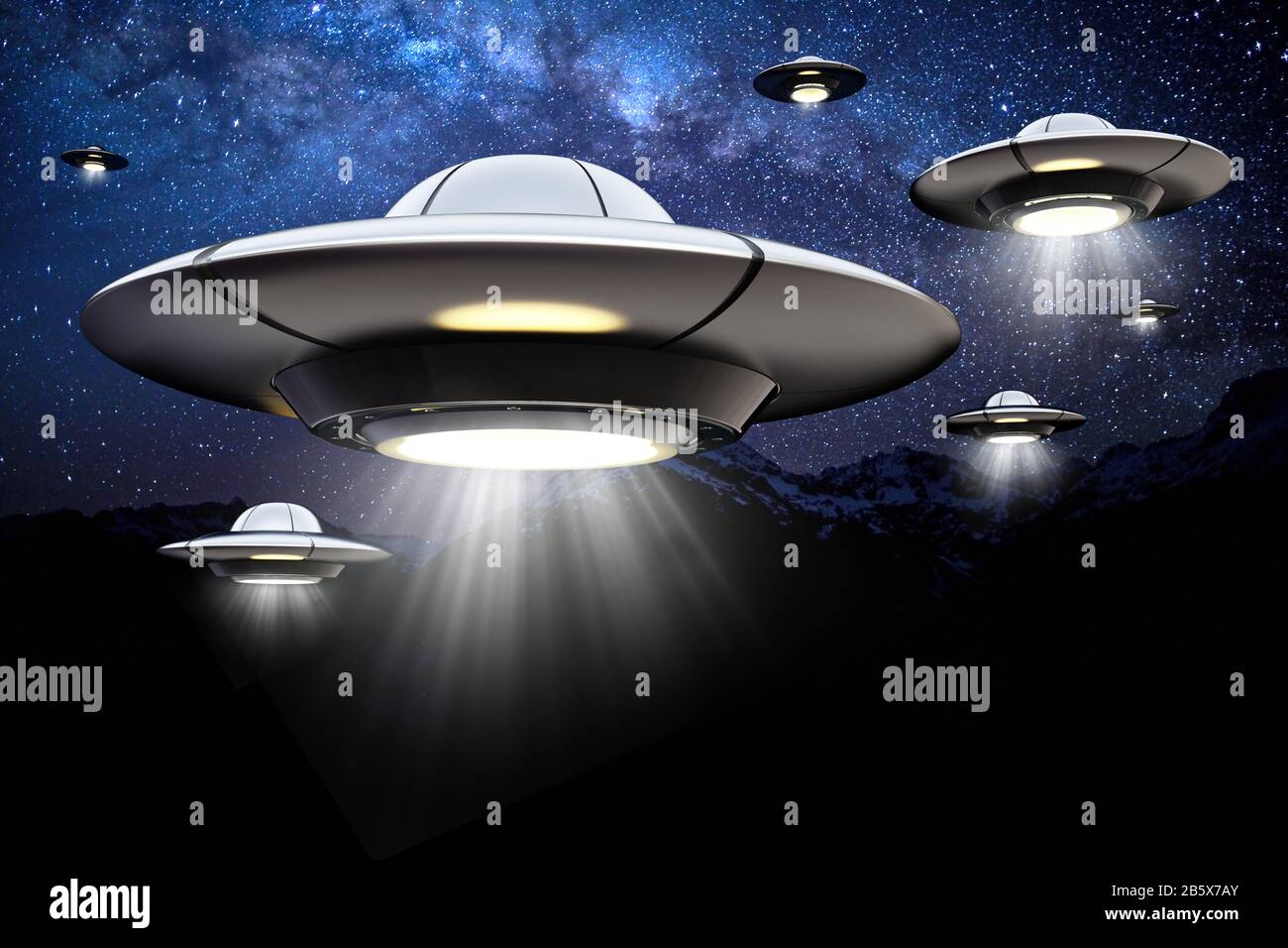 UFO with light beam against the night. 3D illustration Stock Photo - Alamy