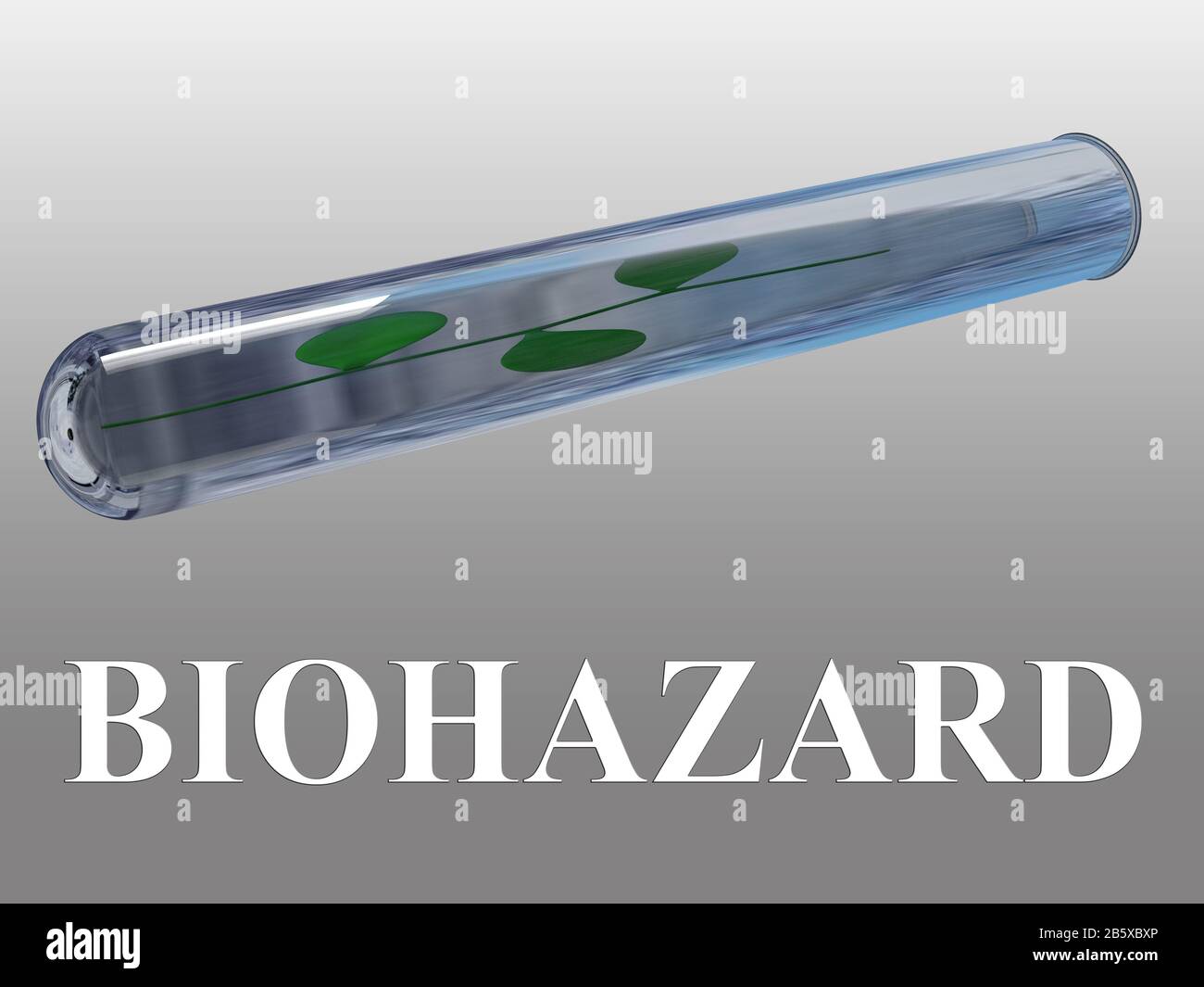 3D illustration of BIOHAZARD script with a green plant in a test tube ...