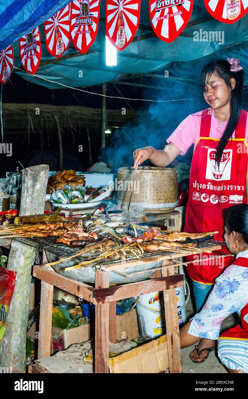 A barbecue stall at the Elephant Festival in Viengkeo Village near ...