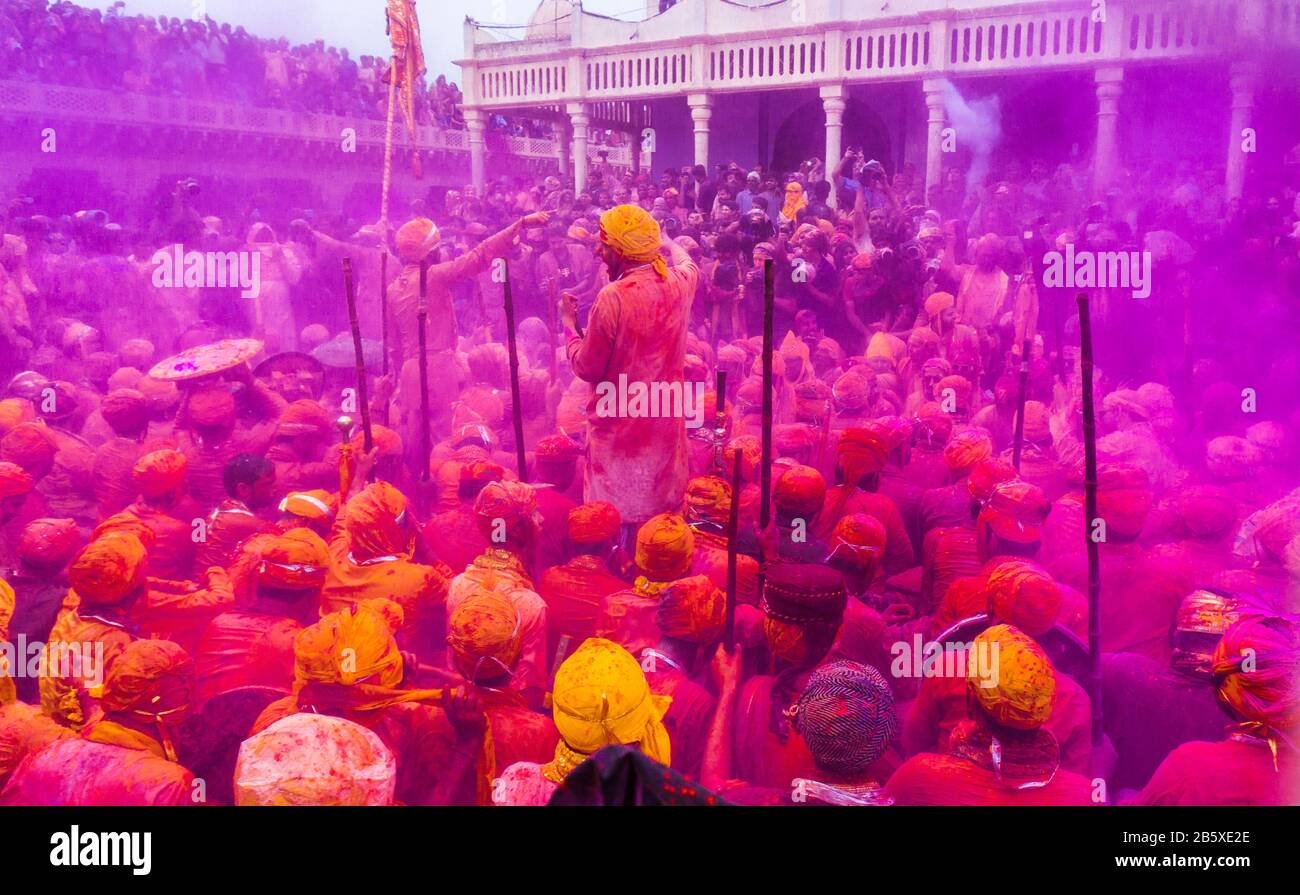 Mathura holi festival. people celebrating holi with colors Stock Photo ...