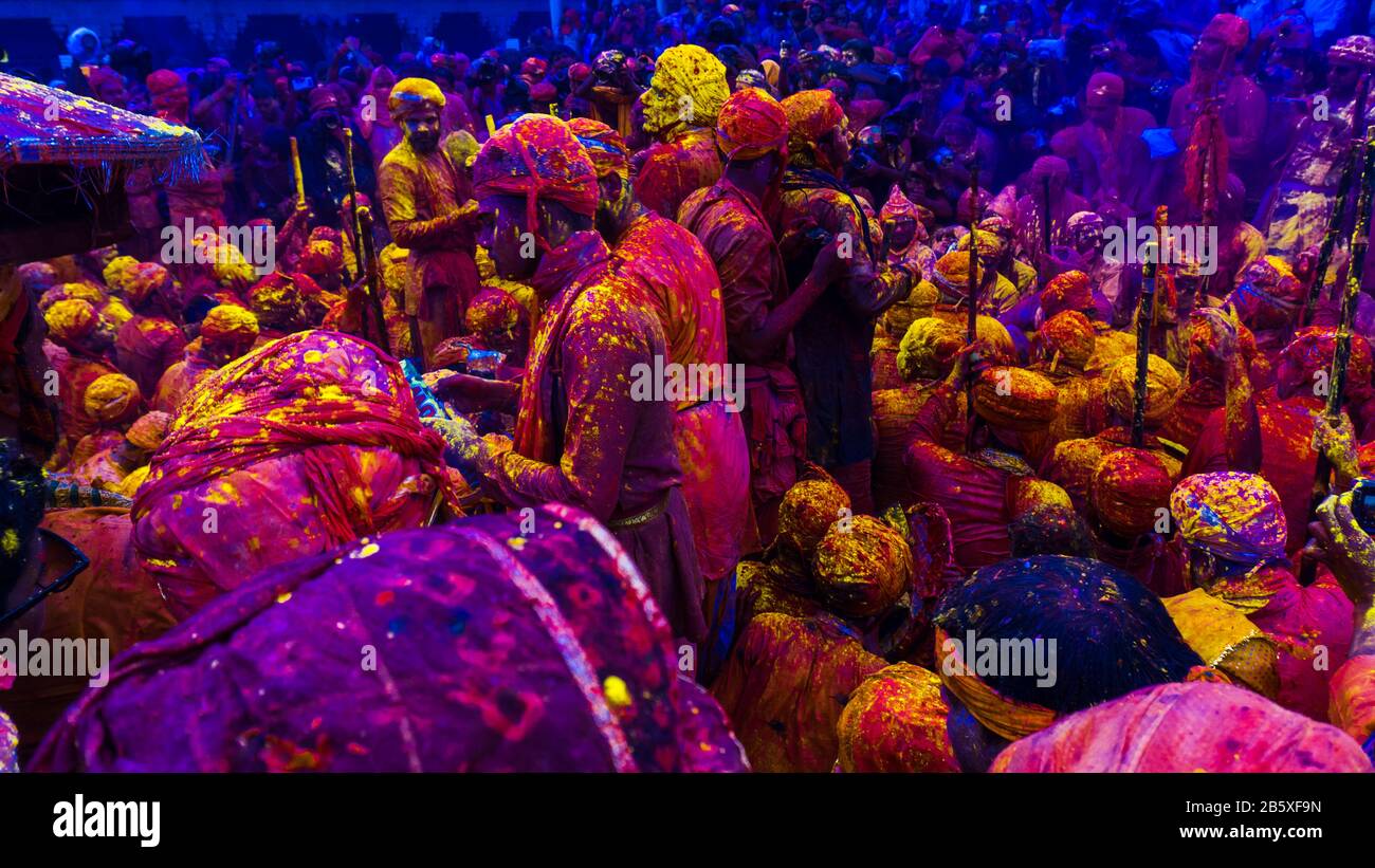 Mathura holi festival. people celebrating holi with colors Stock Photo ...