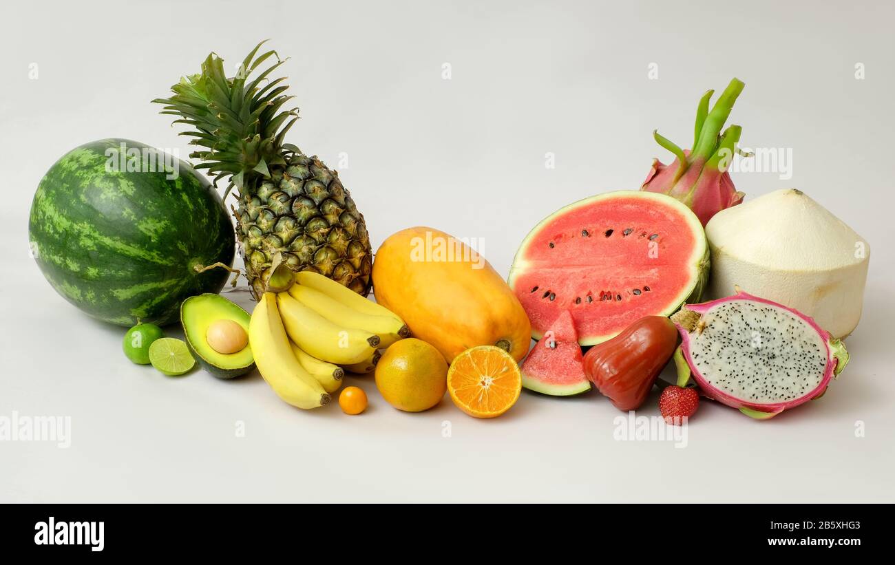 Close up view of assortment of exotic fruits, summer fruits, tropical ...