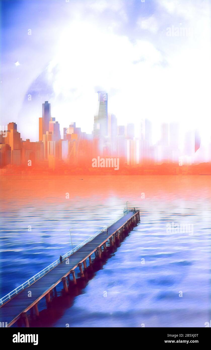 Science fiction book cover design. Alien planet landscape - pier ...