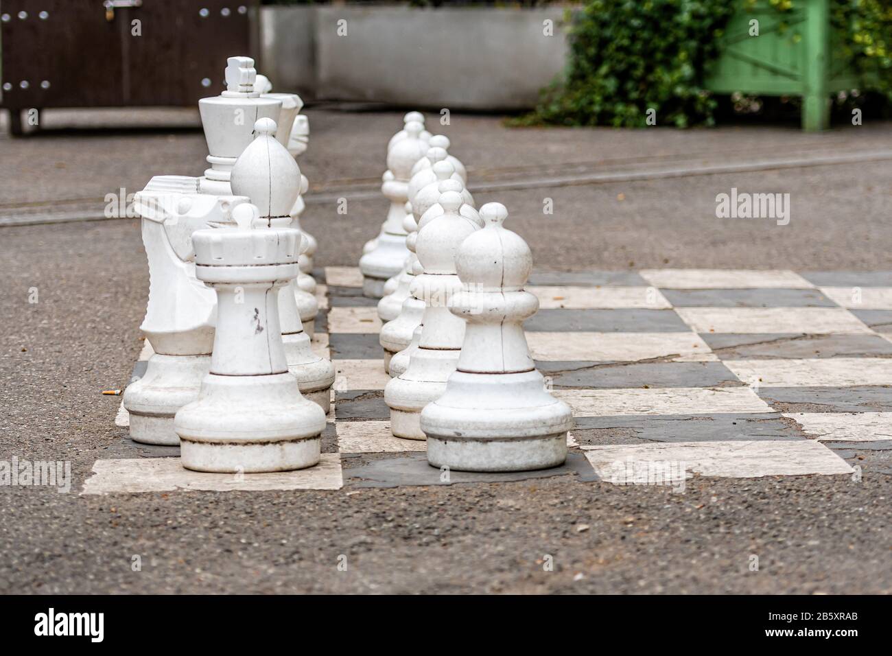 Outdoor chess board with big plastic pieces. Outdoor giant chess in ...