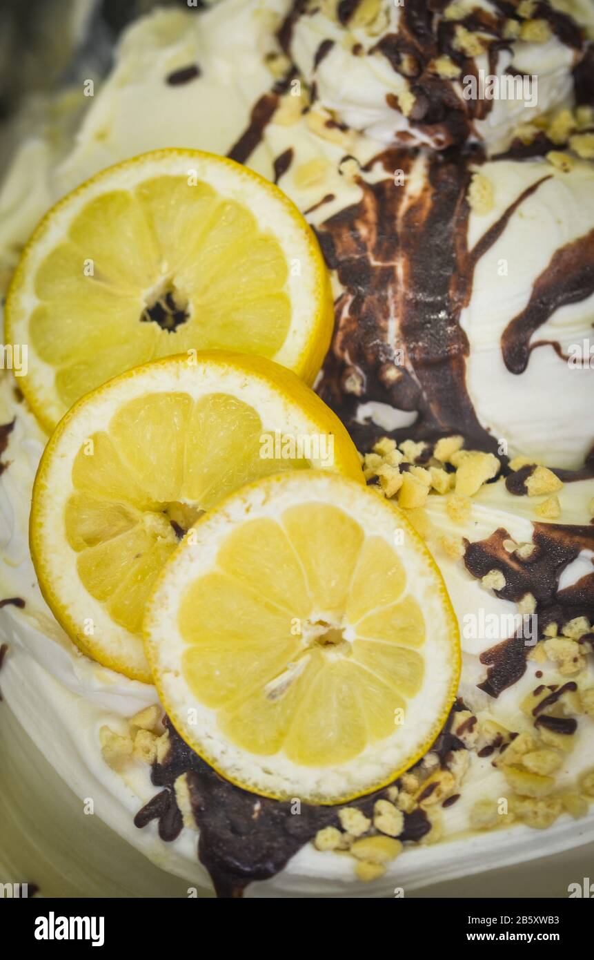 delicious italian ice cream with fresh fruits, nuts & topping Stock ...