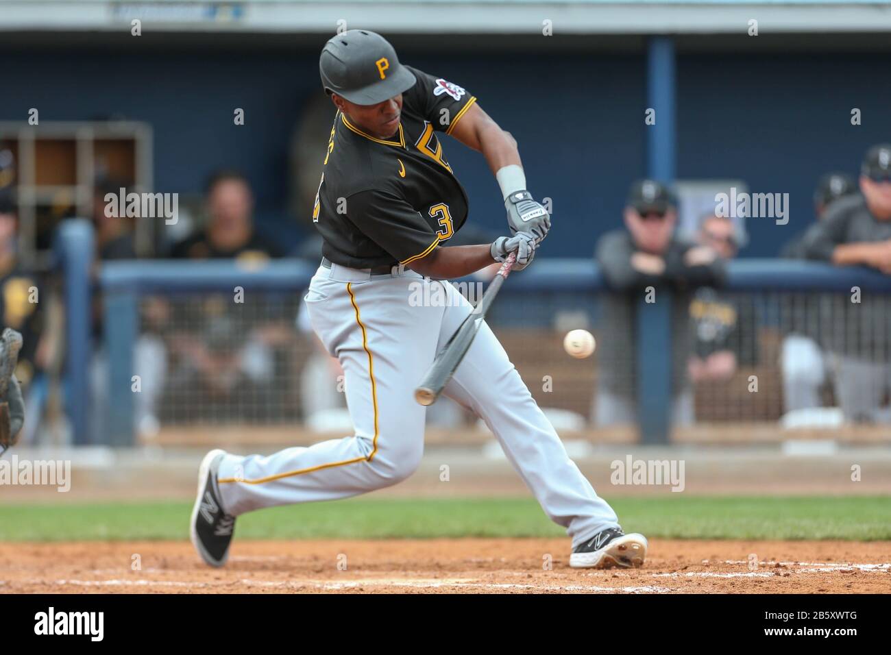 Pittsburgh Pirates third baseman Ke'Bryan Hayes (13) hits into an out ...