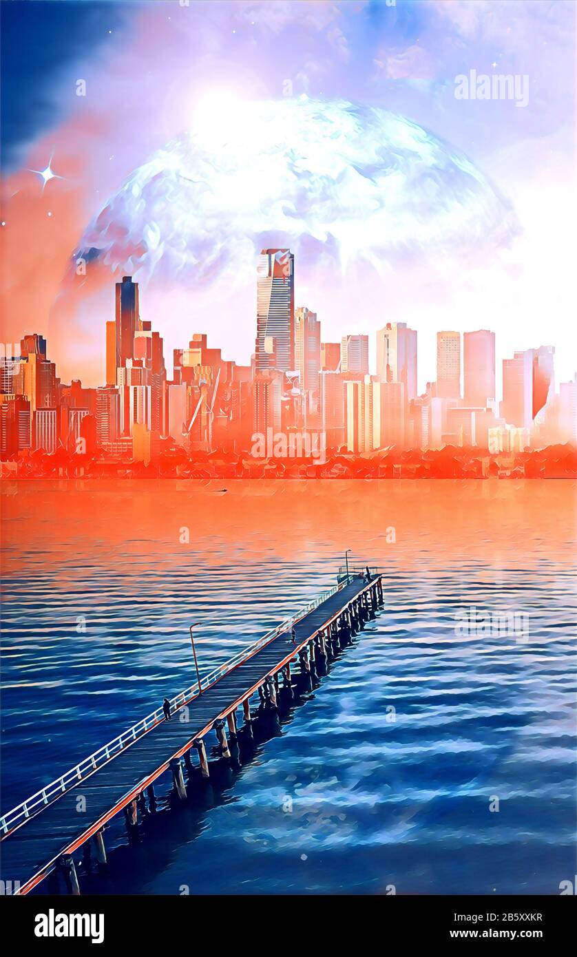 Science fiction book cover design. Alien planet landscape - pier ...