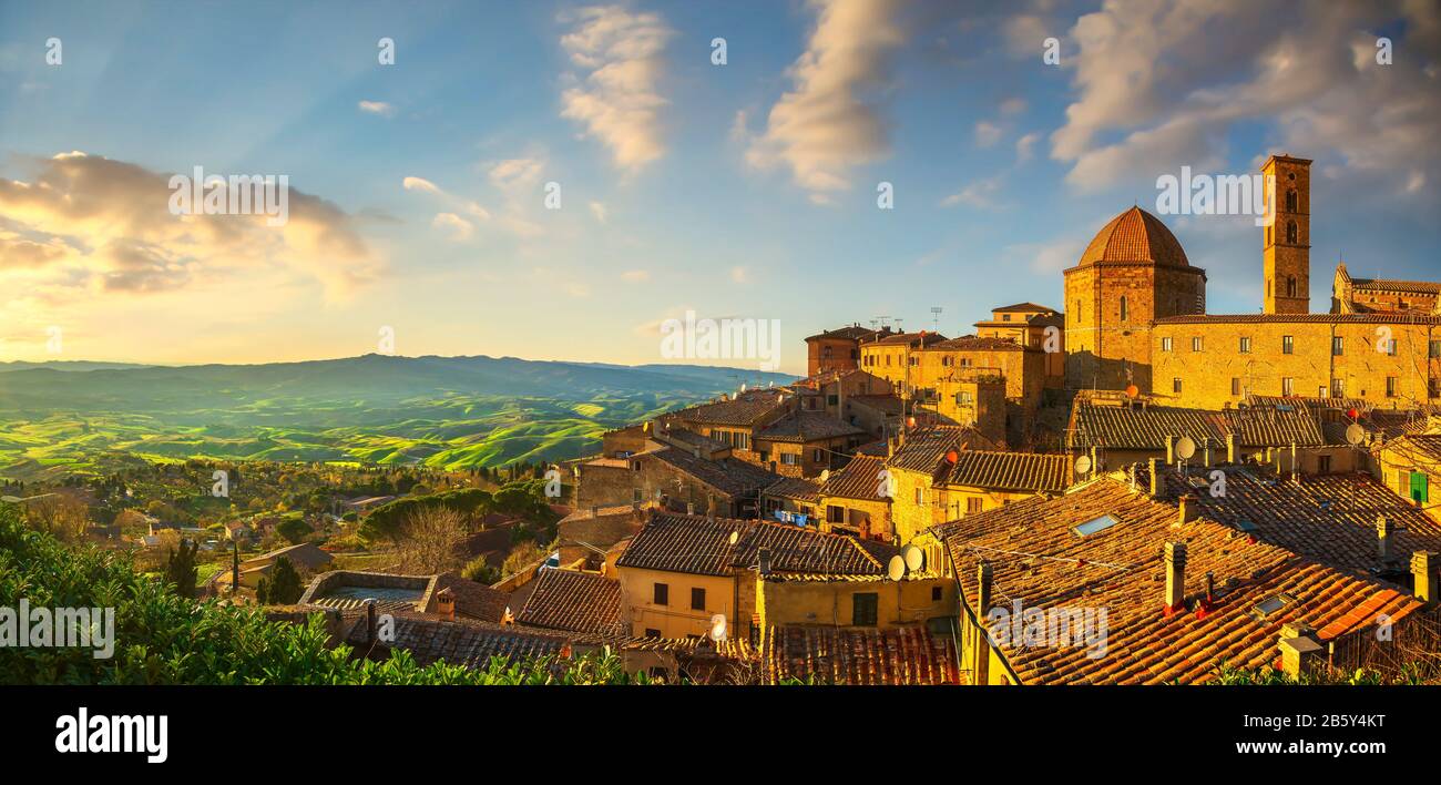 Tuscany, Volterra town skyline, church and panoramic view at sunset ...