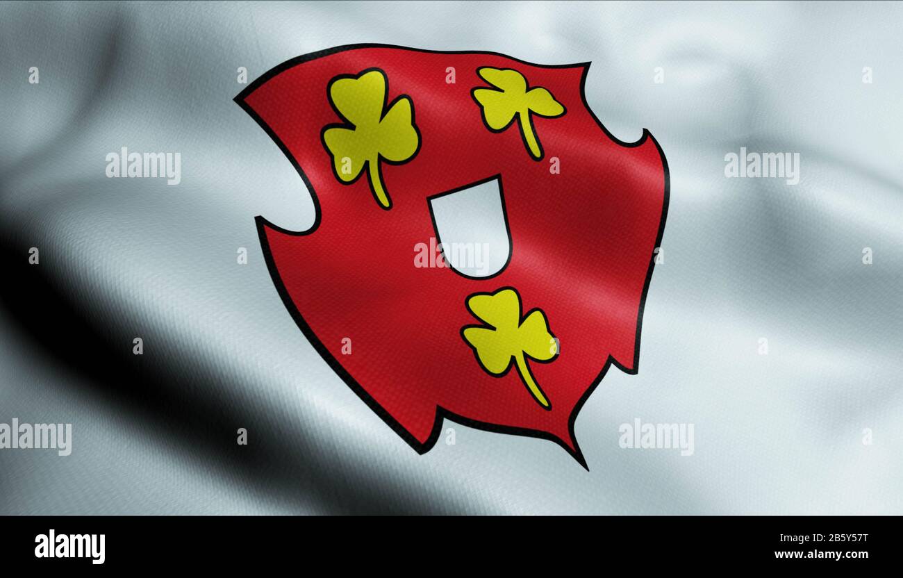 3D Illustration of a waving coat of arms flag of Kleve (Germany country ...