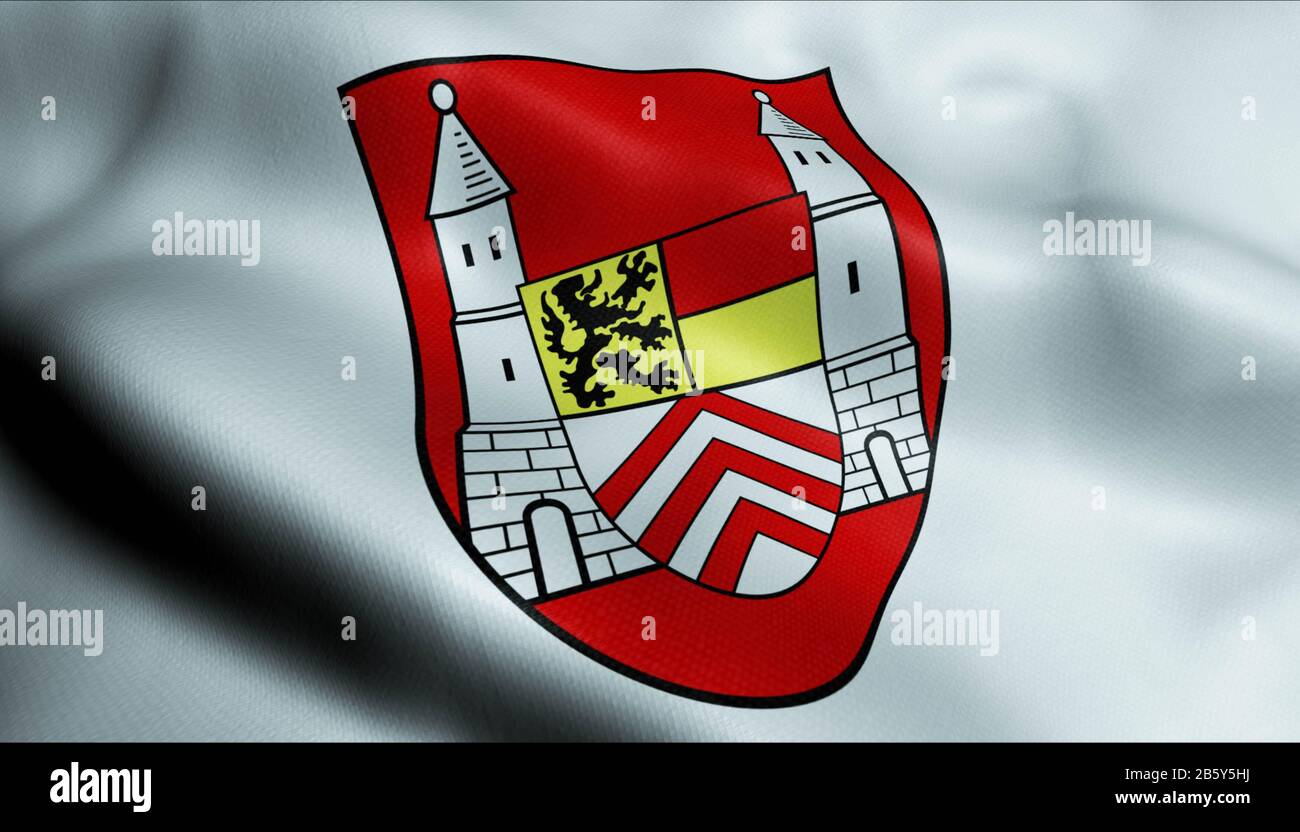 3D Illustration of a waving coat of arms flag of Konigstein im Taunus ...