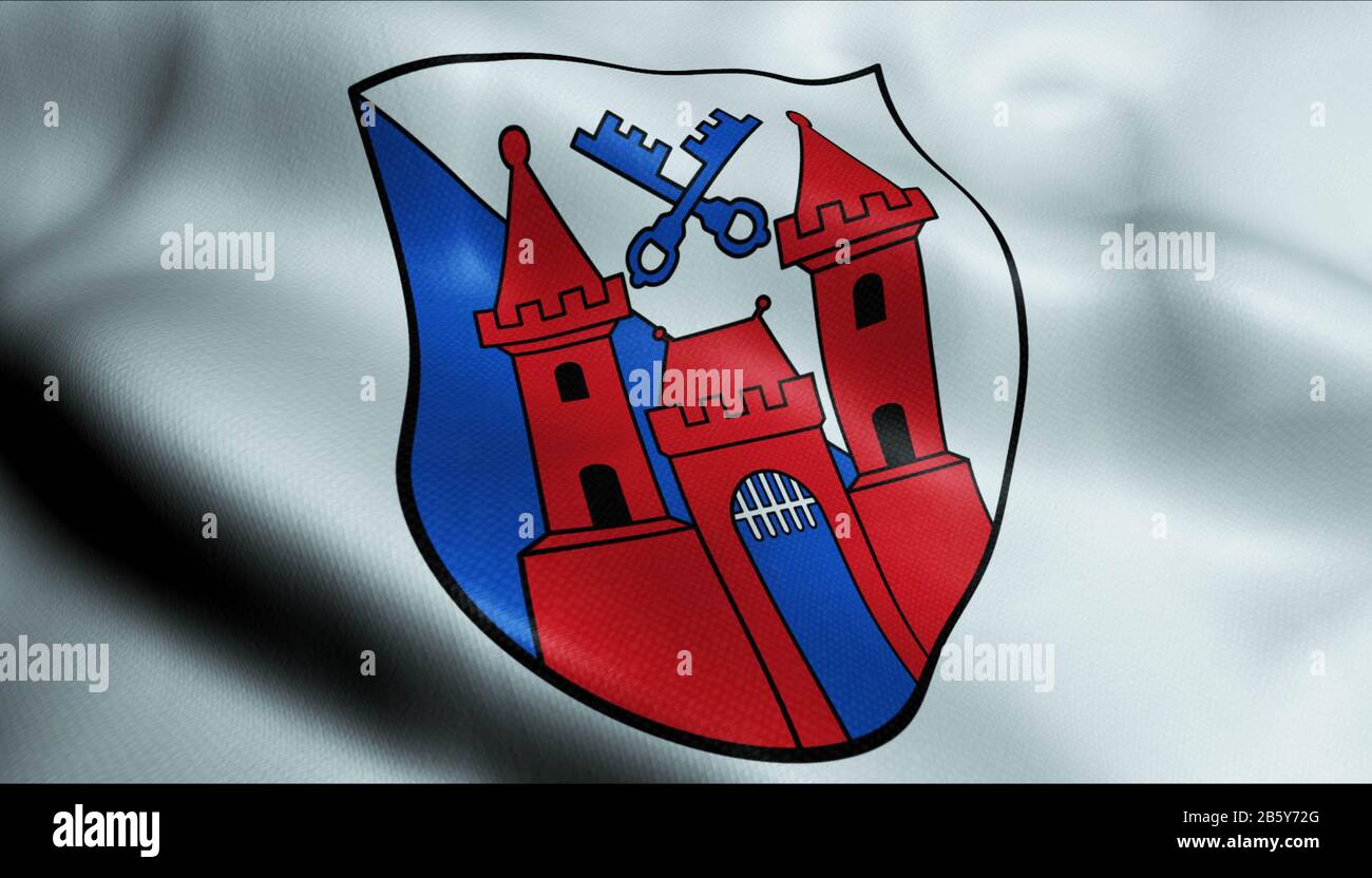 3D Illustration of a waving coat of arms flag of Ladenburg (Germany ...