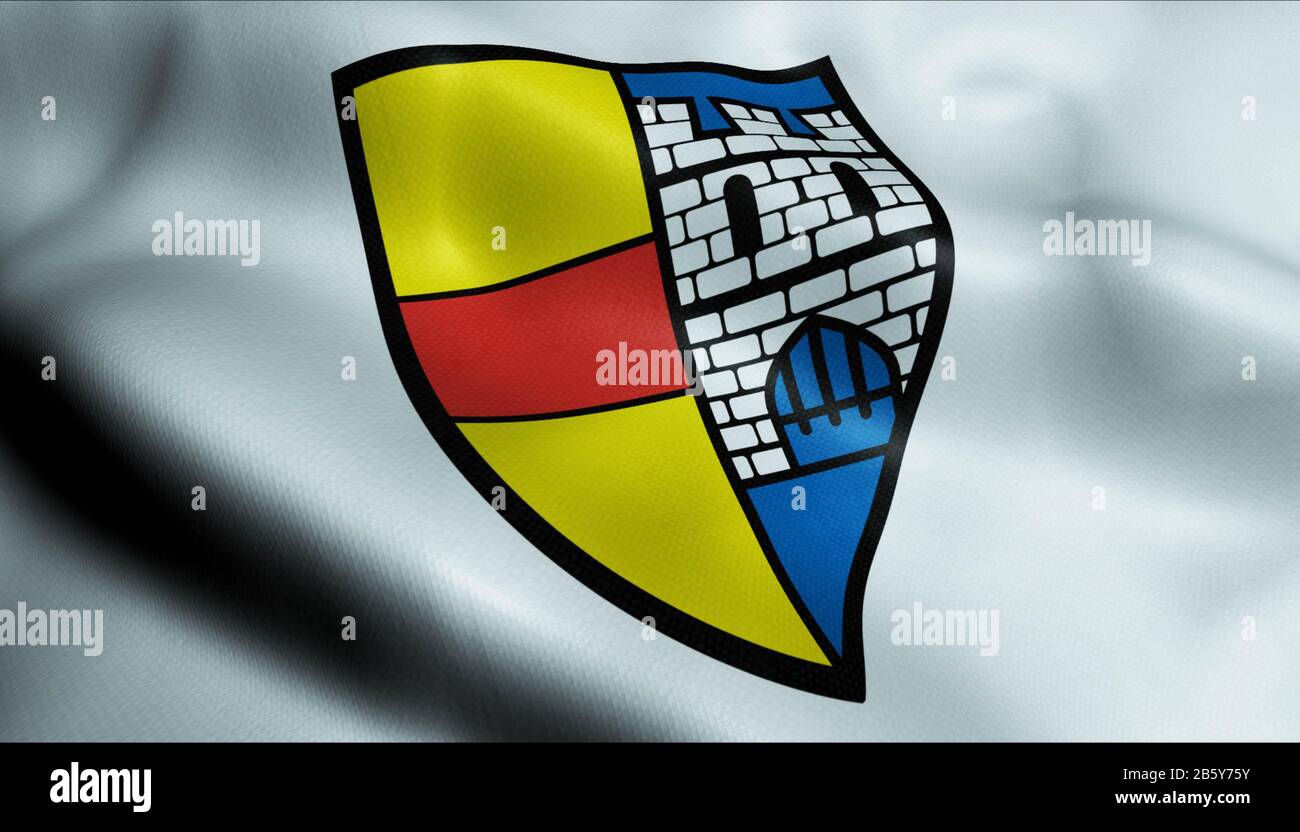 3D Illustration of a waving coat of arms flag of Lahr (Germany country ...